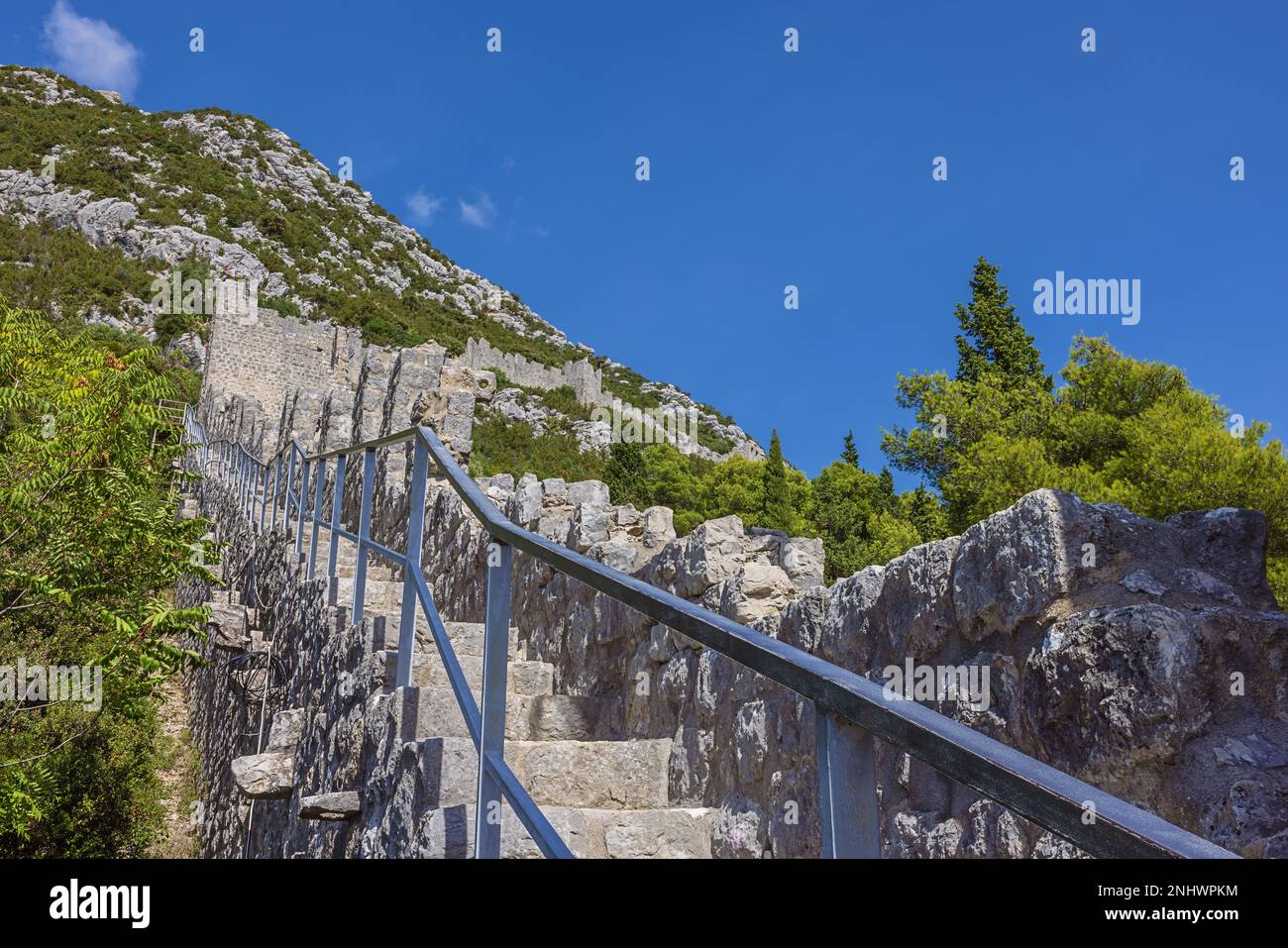 The stairs on the wall of Ston, a means to climb the steep hill Stock ...