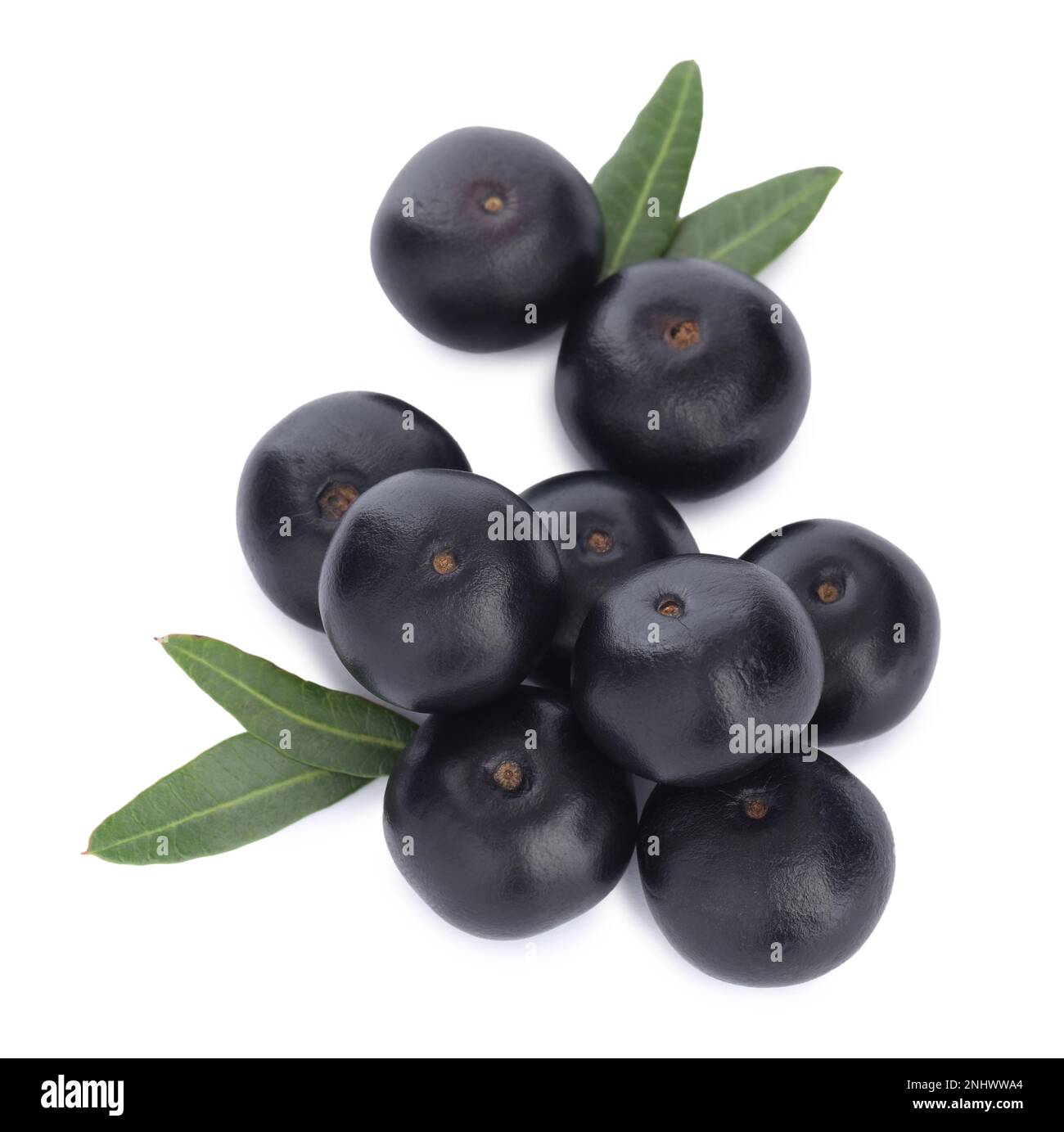Pile of fresh ripe acai berries and green leaves on white background ...