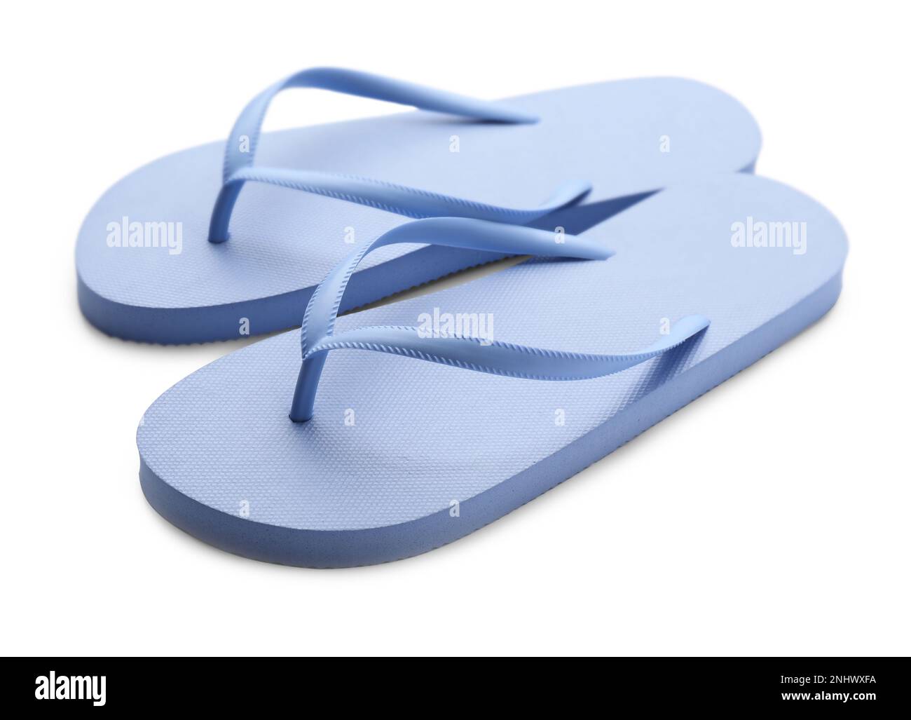 Stylish blue flip flops on white background. Beach object Stock Photo ...