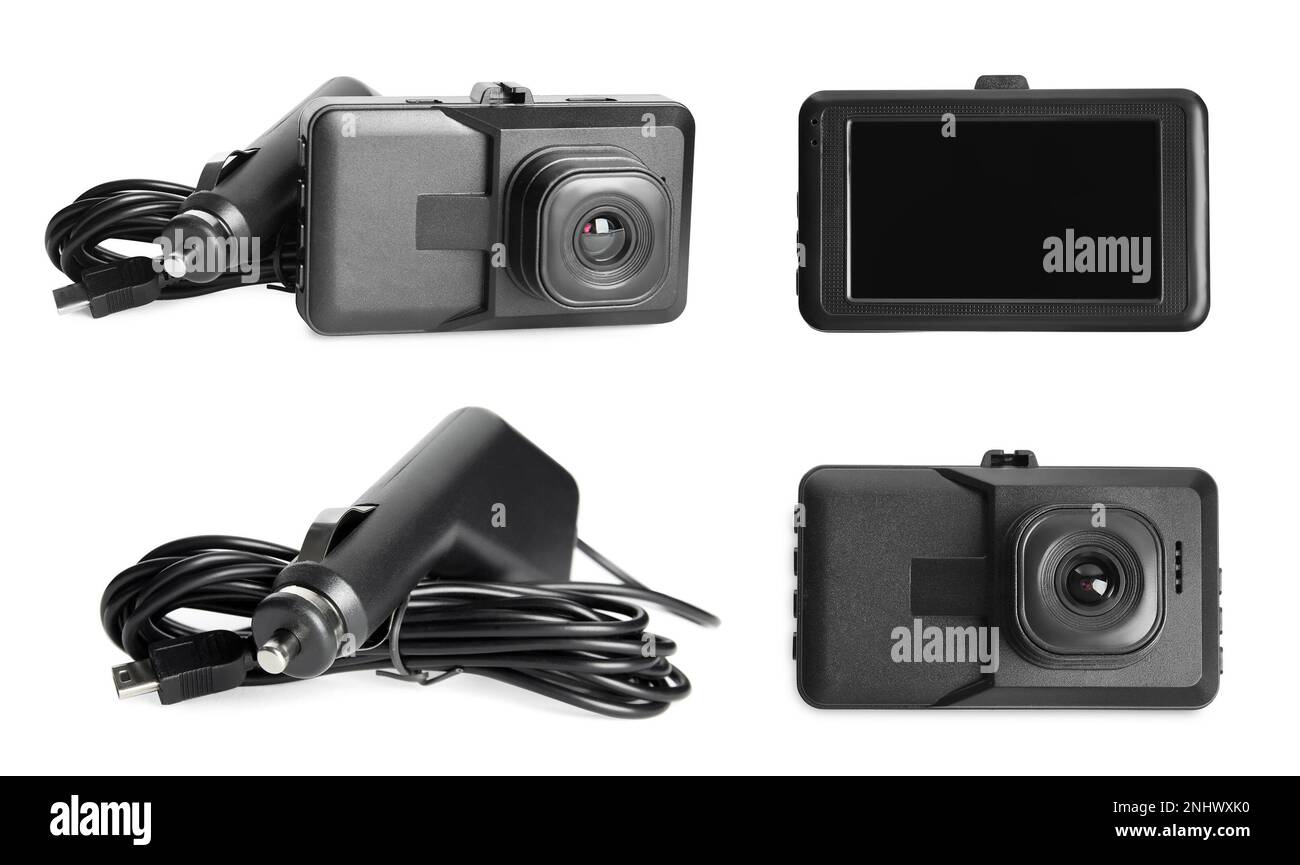 Set with modern car cameras on white background Stock Photo - Alamy
