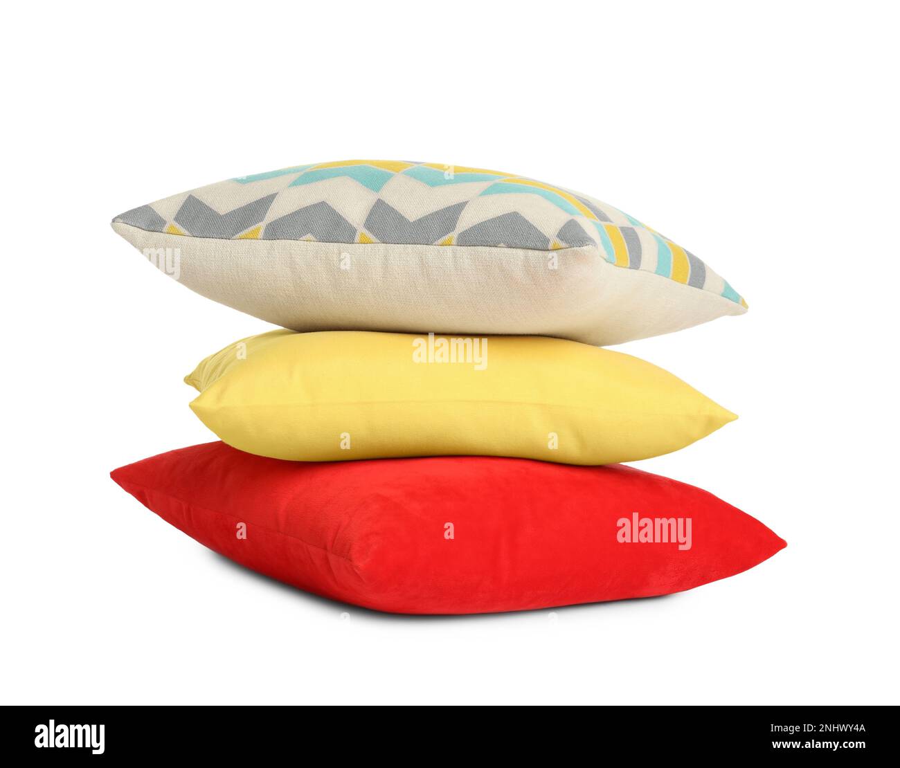 Stack of colorful decorative pillows on white background Stock Photo ...