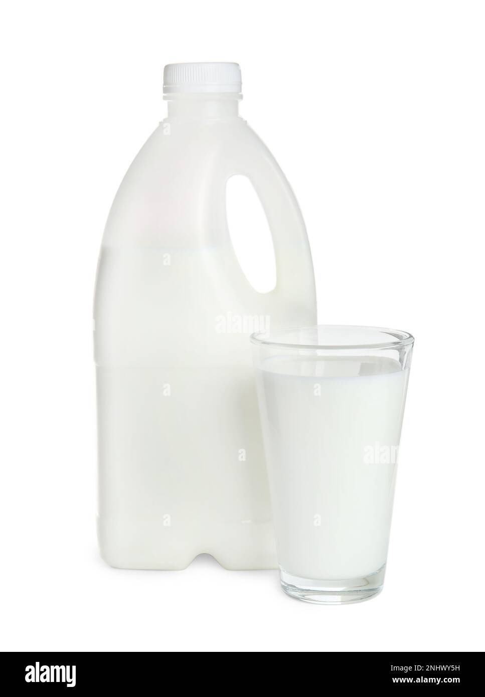 Gallon bottle and glass of milk on white background Stock Photo - Alamy