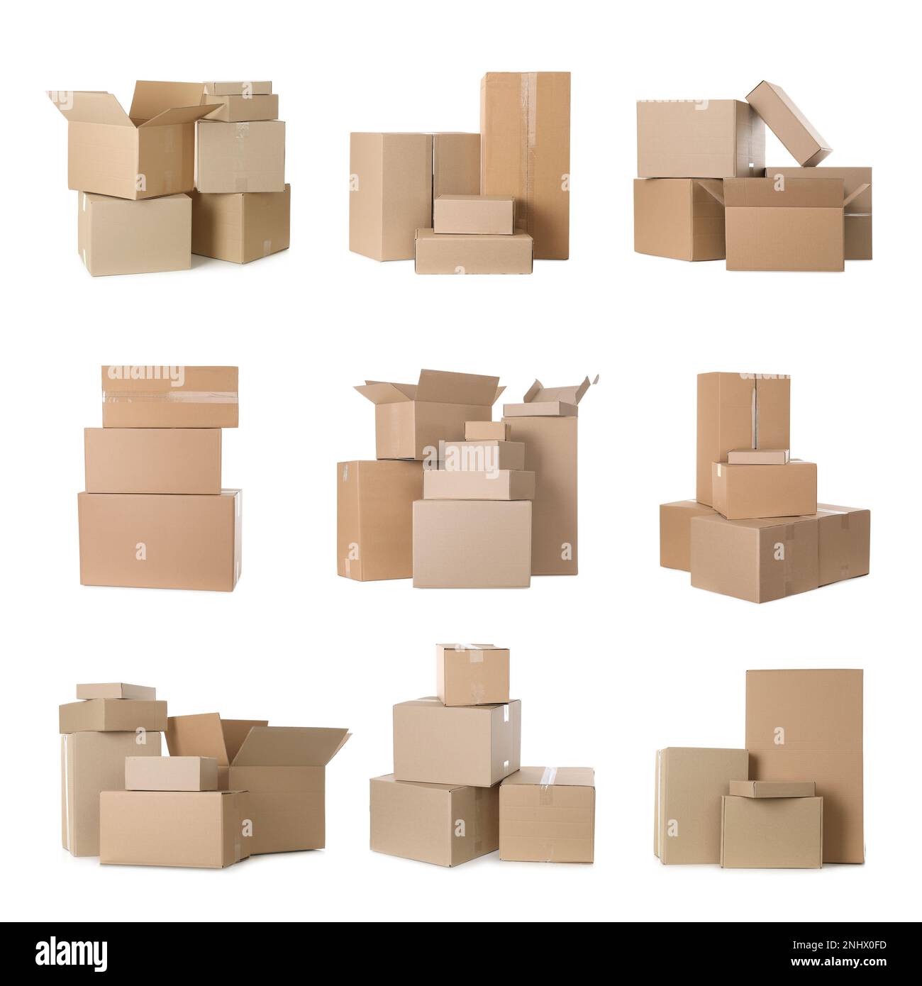Set with different cardboard boxes on white background Stock Photo - Alamy