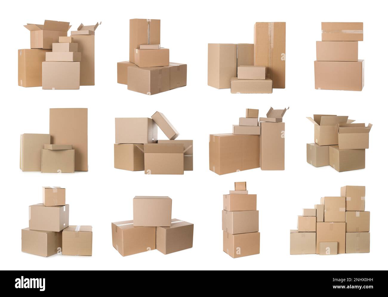Set with different cardboard boxes on white background Stock Photo - Alamy