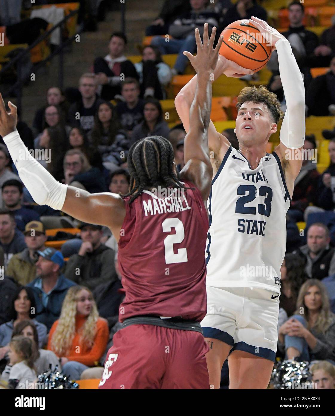 Utah State forward Taylor Funk (23) looks to shoot as Santa Clara guard ...