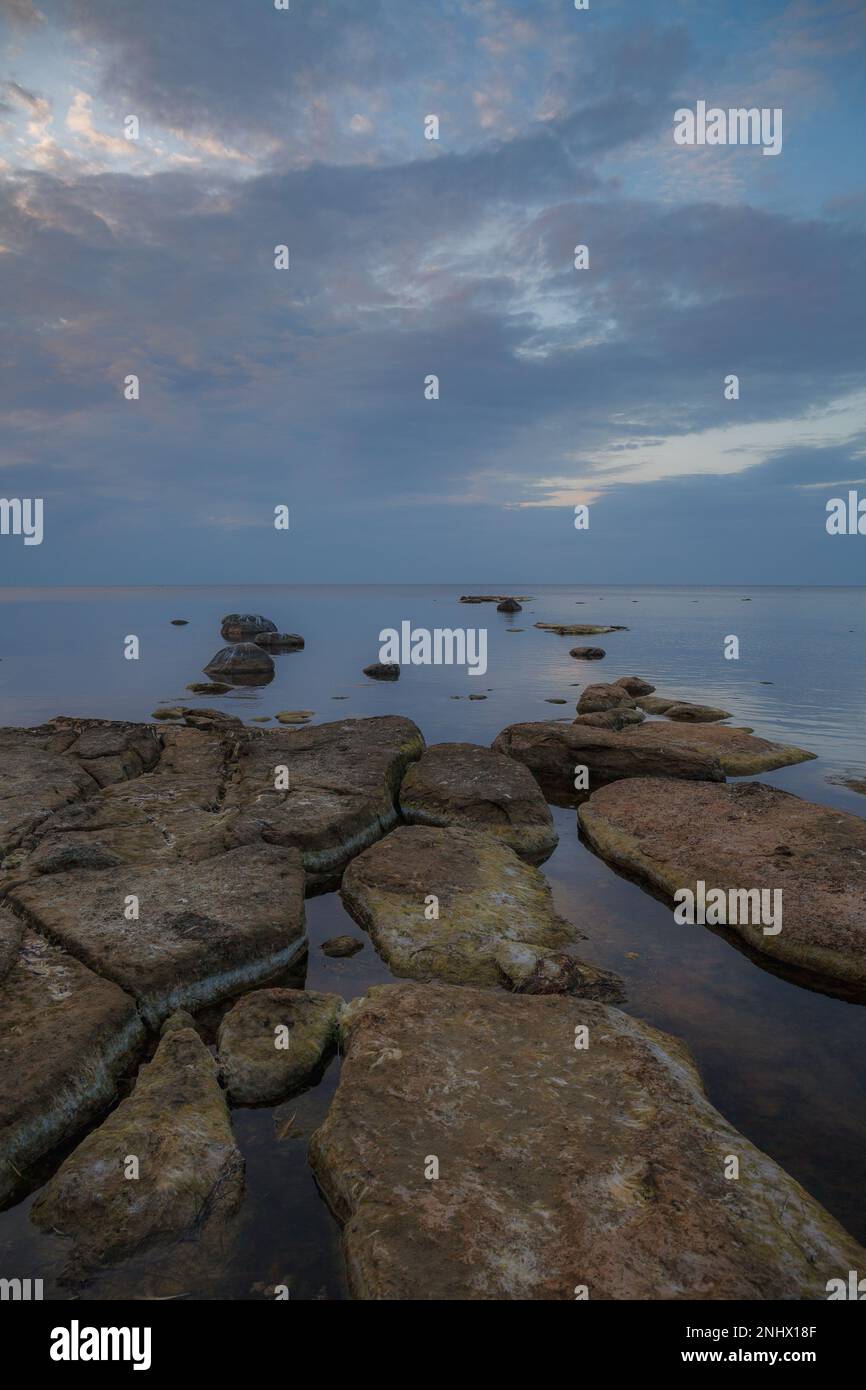 Beautiful sea shore view with with moss-covered rocks. Algae growing on ...