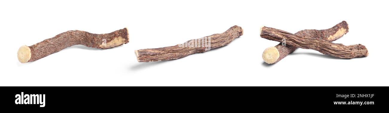 Set with dried sticks of liquorice root on white background. Banner ...