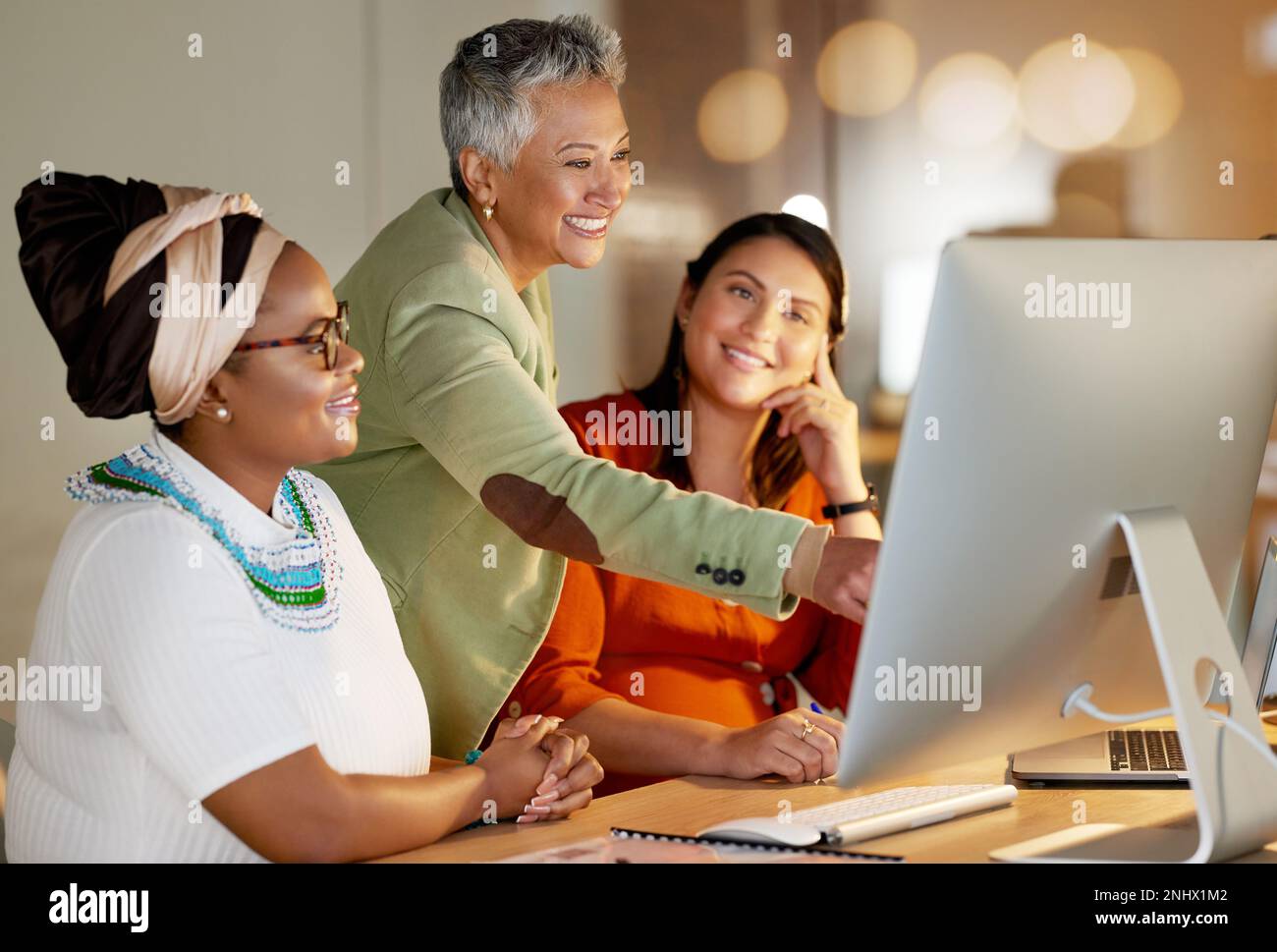Computer, team and manager working with women for research for a ...