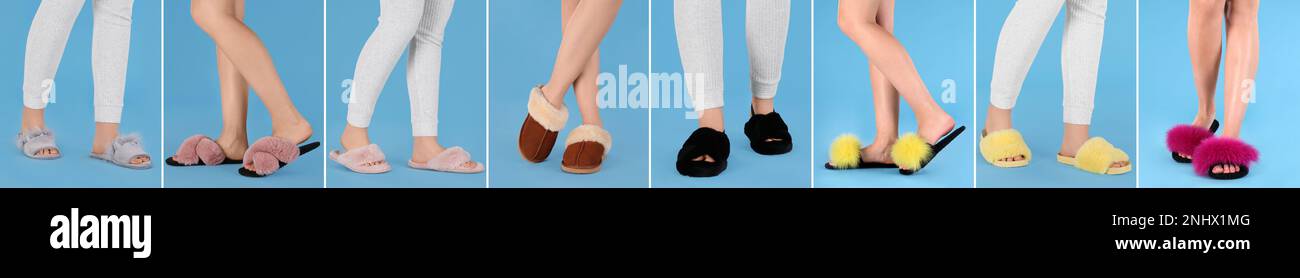Collage with photos of women wearing stylish slippers on blue ...