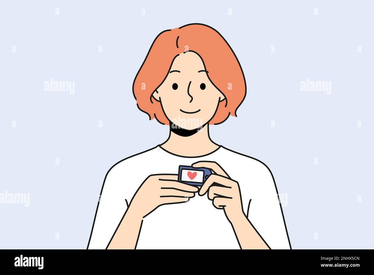 Smiling woman using pulse oximeter checking oxygen saturation. Happy ...