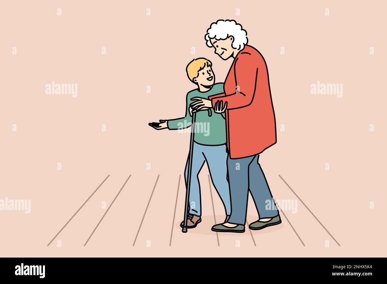 Caring little boy child helping mature grandmother cross road. Cute ...