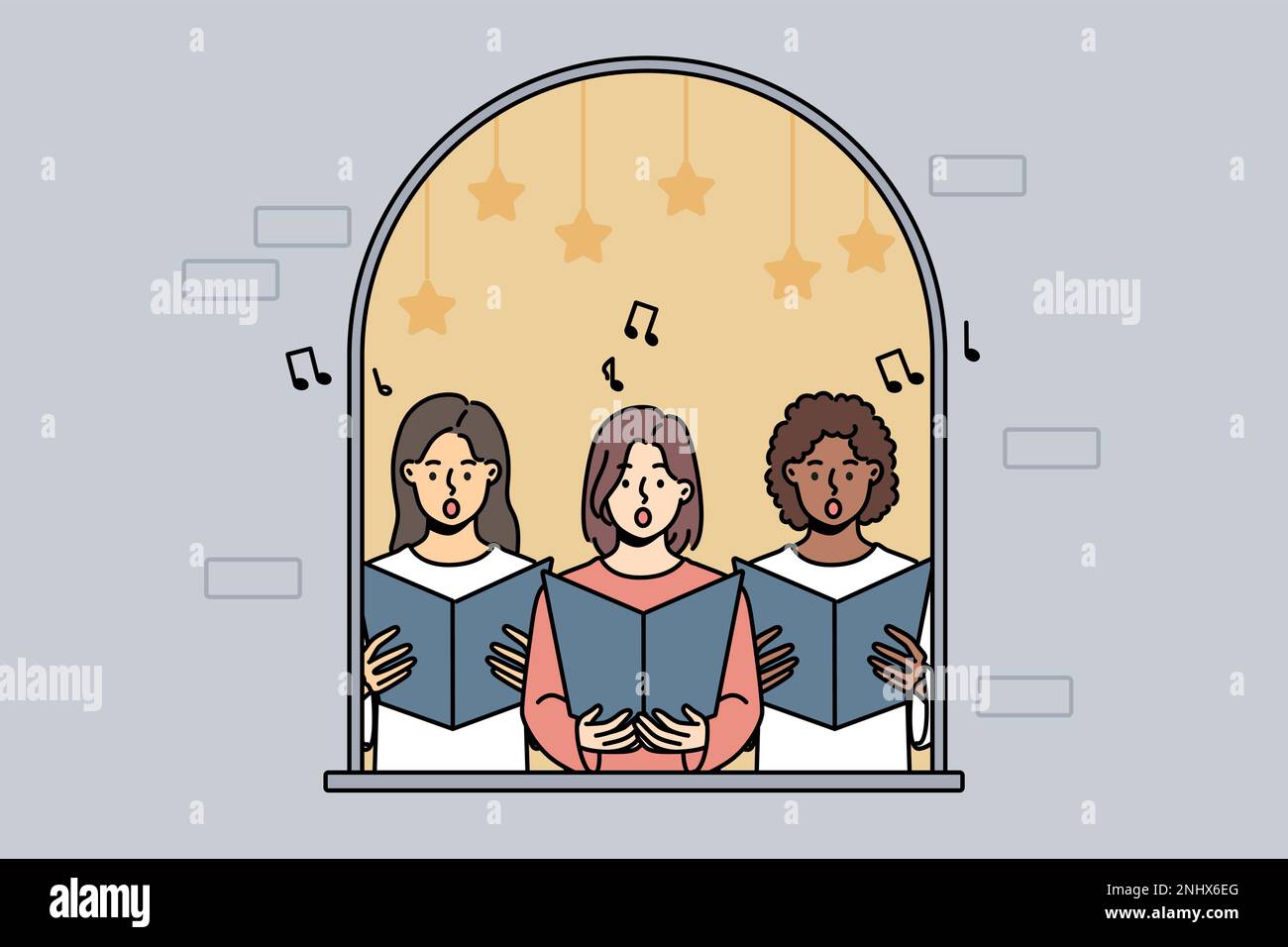 Girls in house window singing together. Female singers sing in choir ...