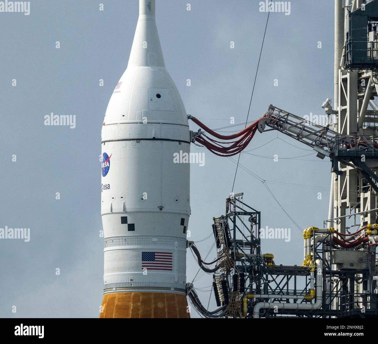 A close-up view of NASA’s moon rocket at Kennedy Space Center, Monday ...