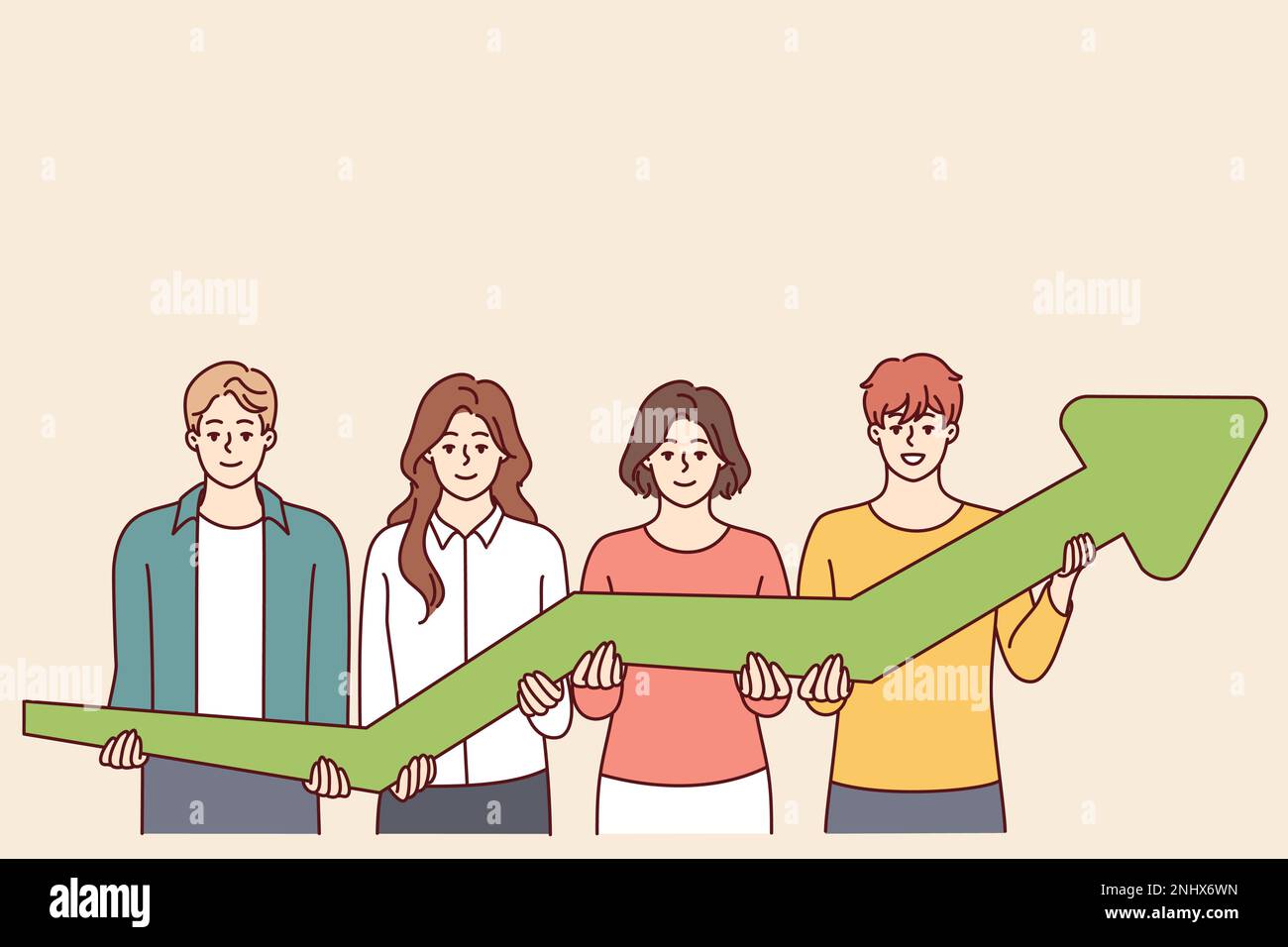 Team of men and women together hold green arrow pointing up ...