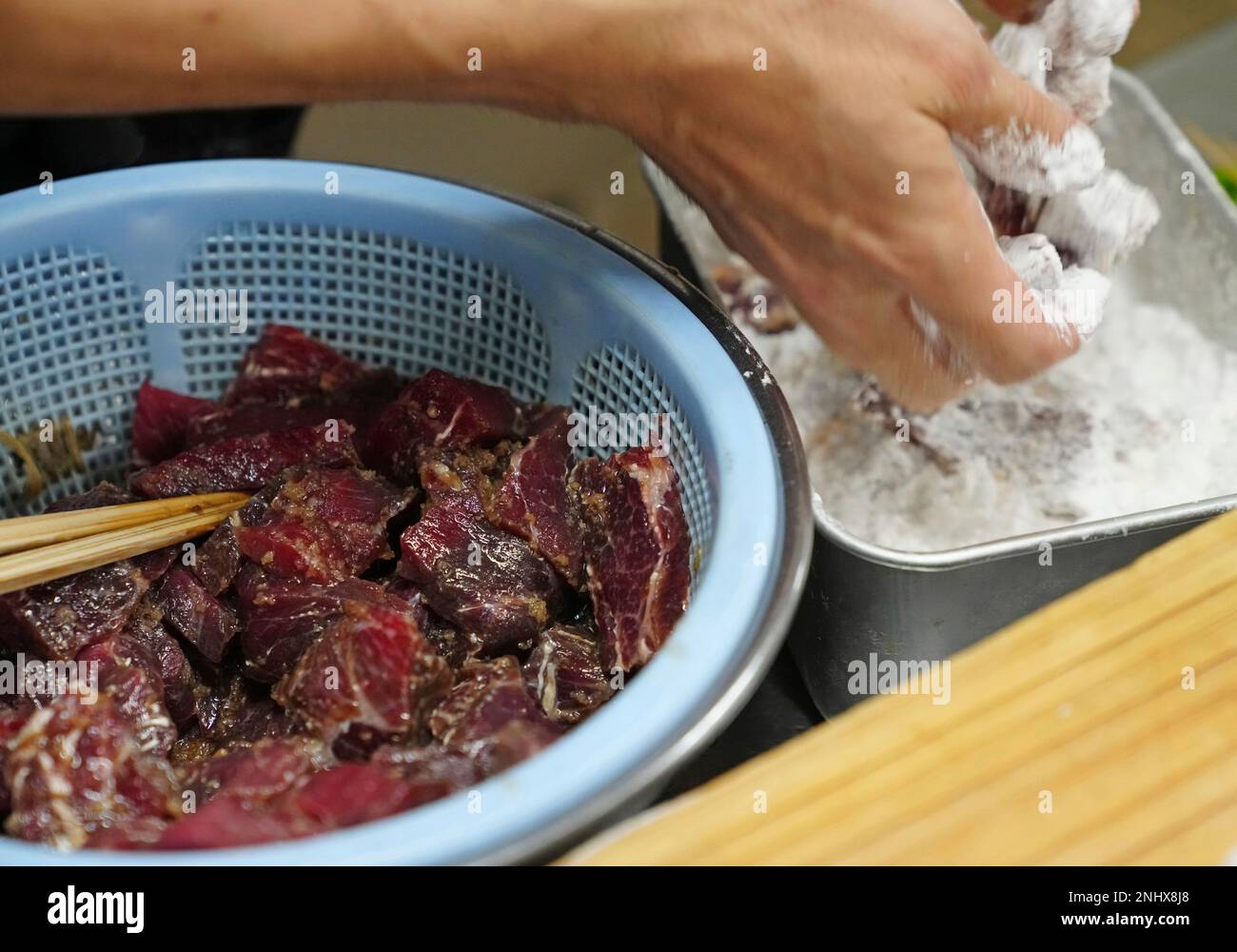 Whale meat is cooked at a resutaurant, Kogishiya, in Shimonoseki City ...