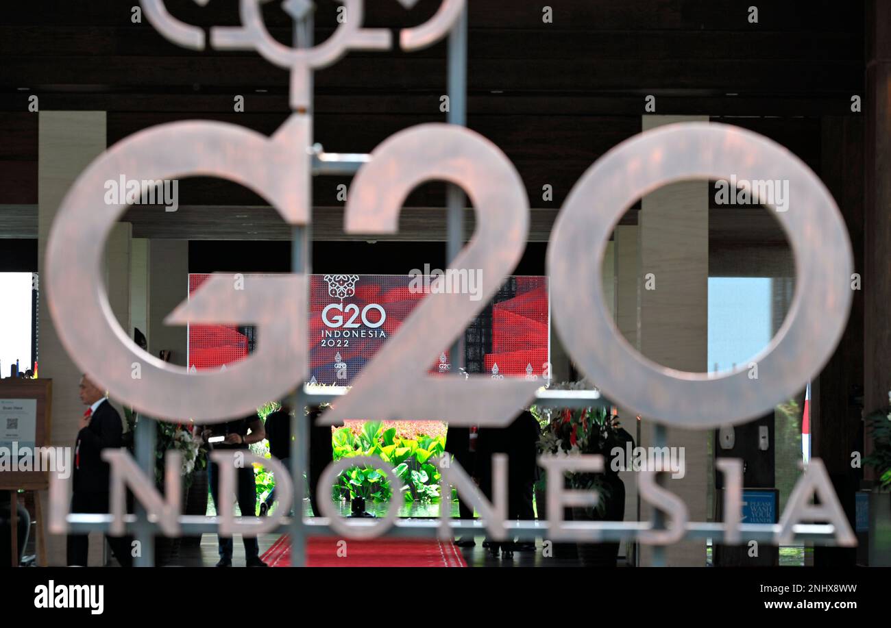 A logo of G20 Indonesia is pictured at a hotel in Bali on Nov. 14, 2022 ...