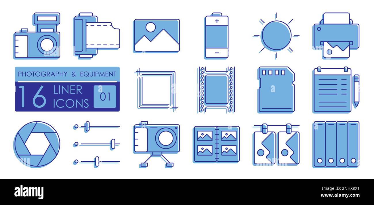 Set of color filled linear icons. Equipment for photography and film ...
