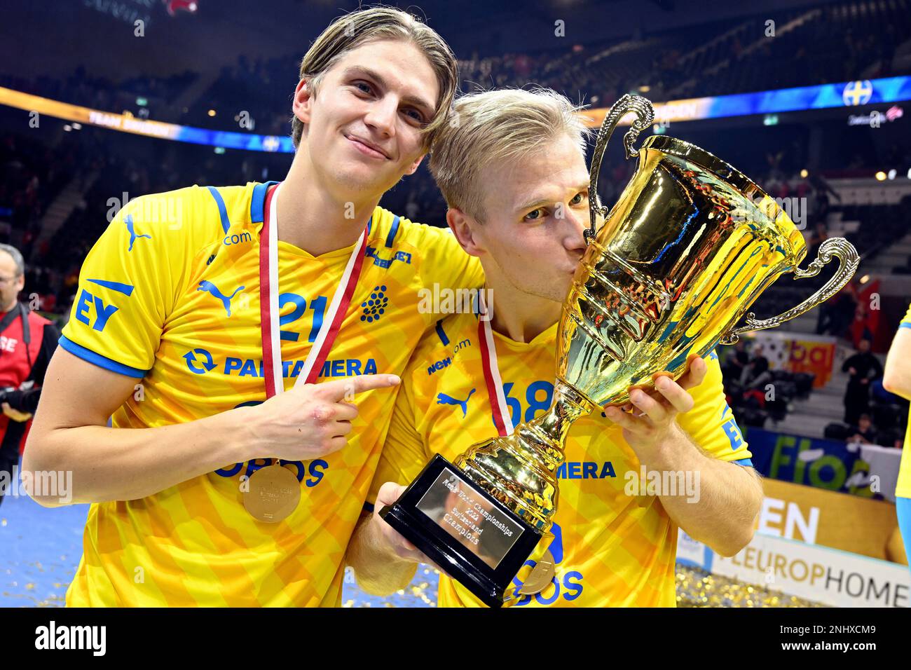 Sweden's Linus Holmgren, left, and Casper Backby, right, with the cup ...