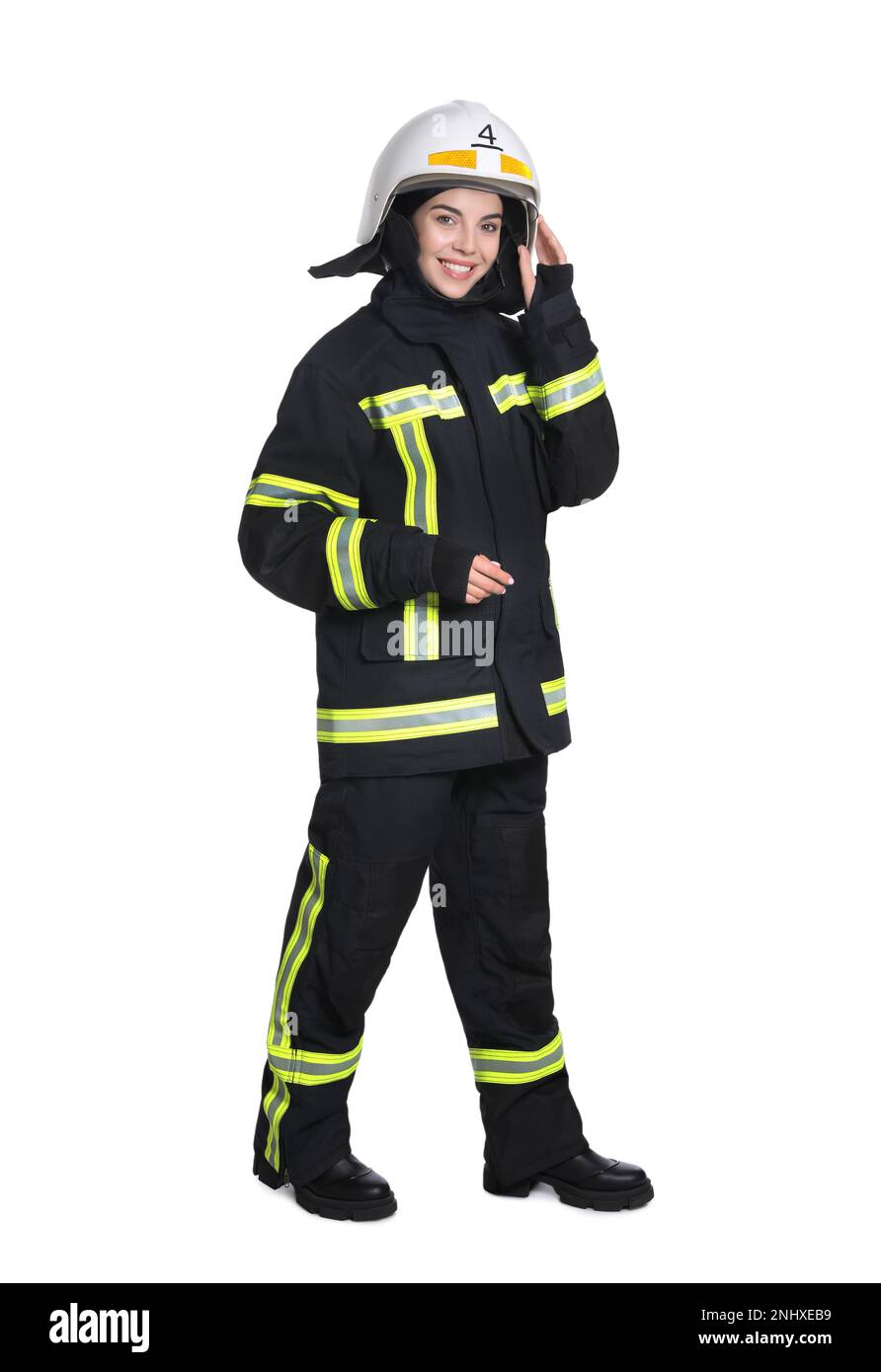 Full length portrait of firefighter in uniform and helmet on white ...