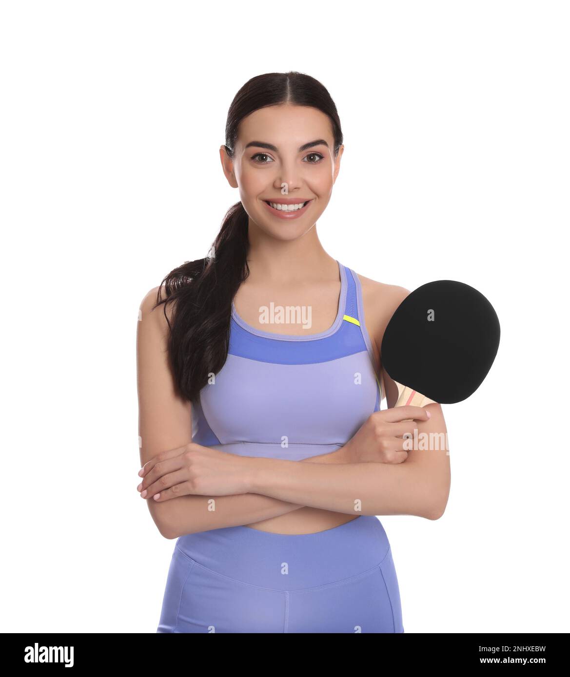 Beautiful young woman with table tennis racket on white background ...