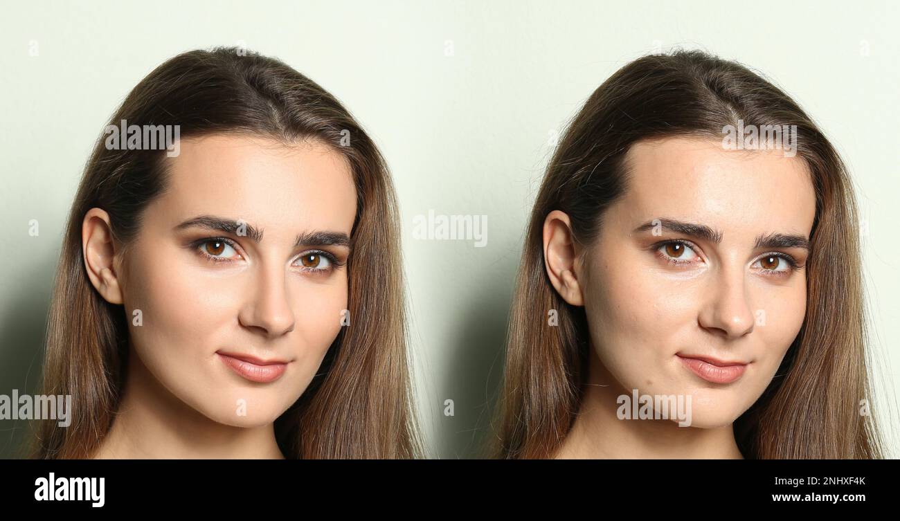 Photo before and after retouch, collage. Portrait of beautiful young ...