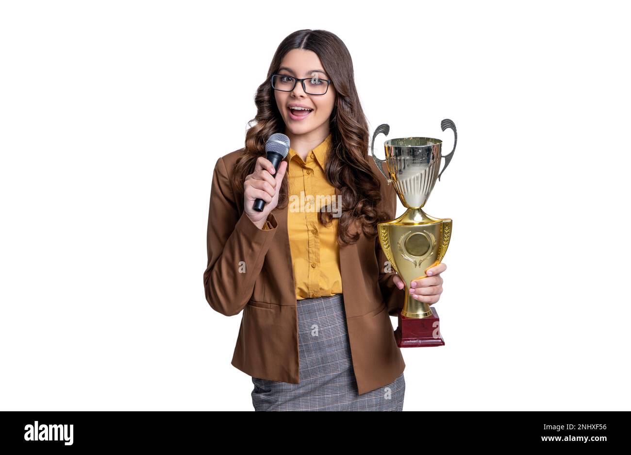 cheerful teen girl at award speech in studio. teen girl at award speech ...