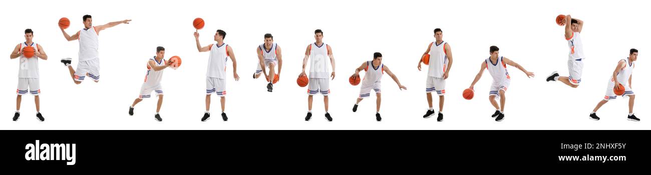 Professional sportsman playing basketball on white background, collage ...