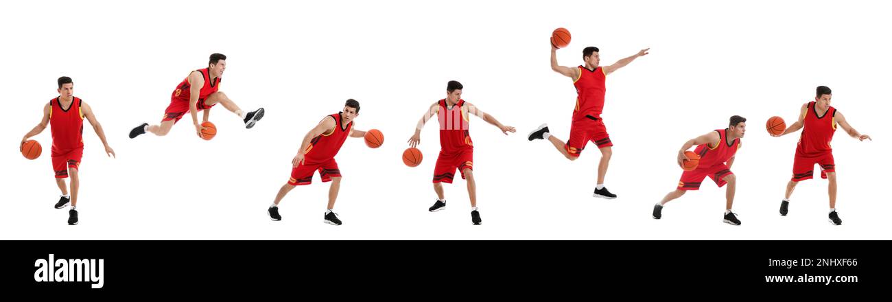 Professional sportsman playing basketball on white background, collage ...