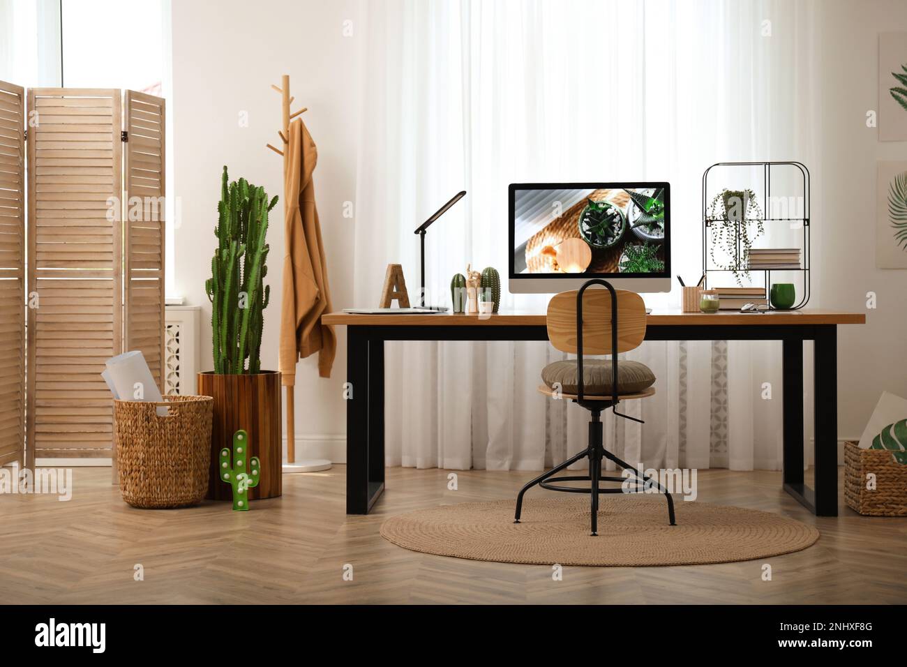 Modern workplace with computer in room. Interior design Stock Photo - Alamy