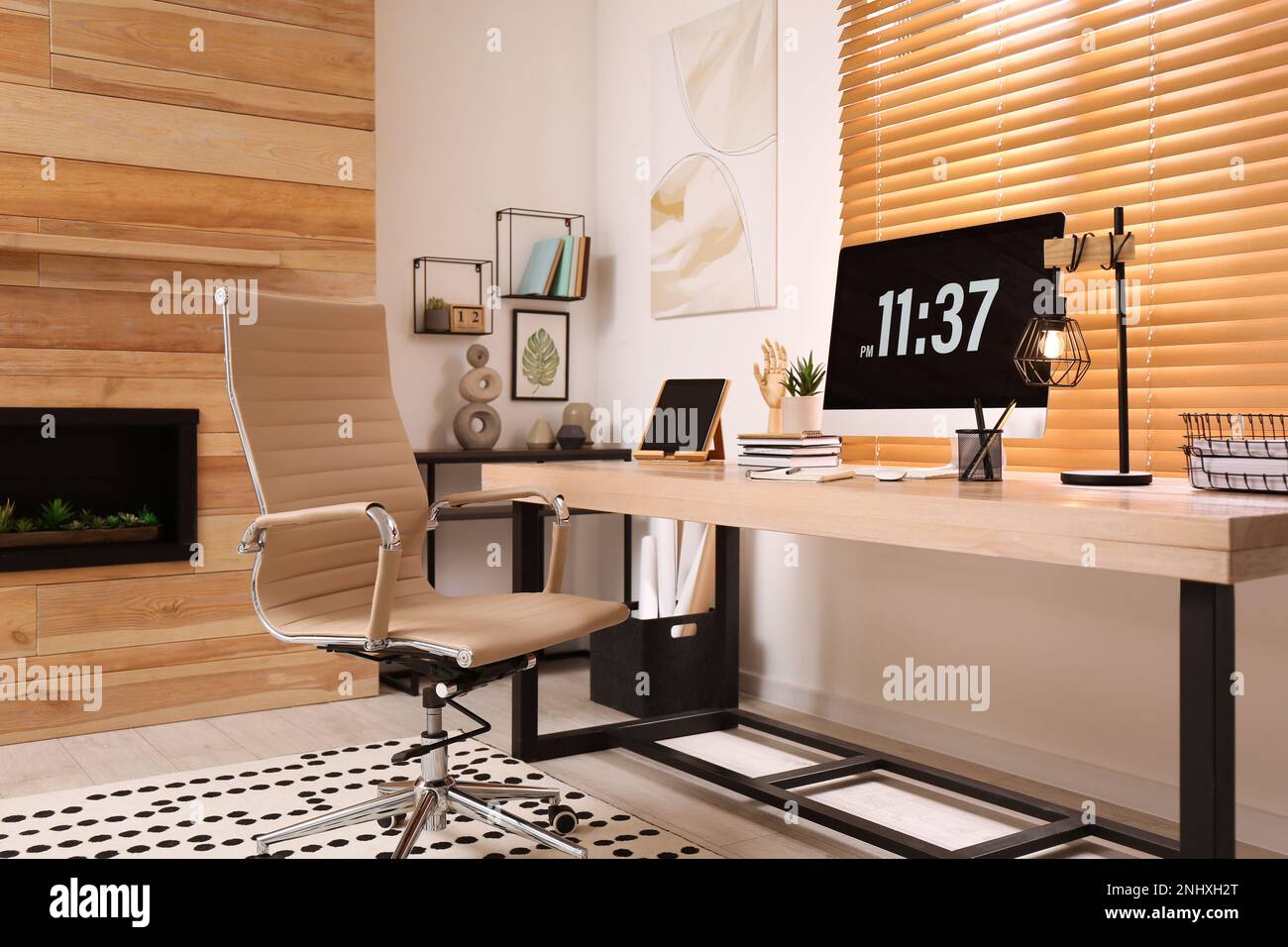 Room interior with comfortable workplace. Modern computer on wooden ...