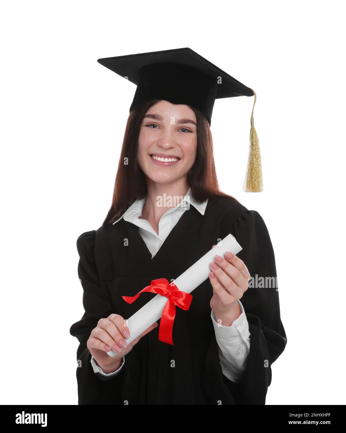 Happy student in academic dress with diploma on white background Stock ...