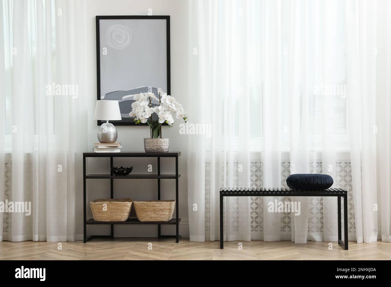 Elegant room interior with new furniture and blooming orchid Stock ...
