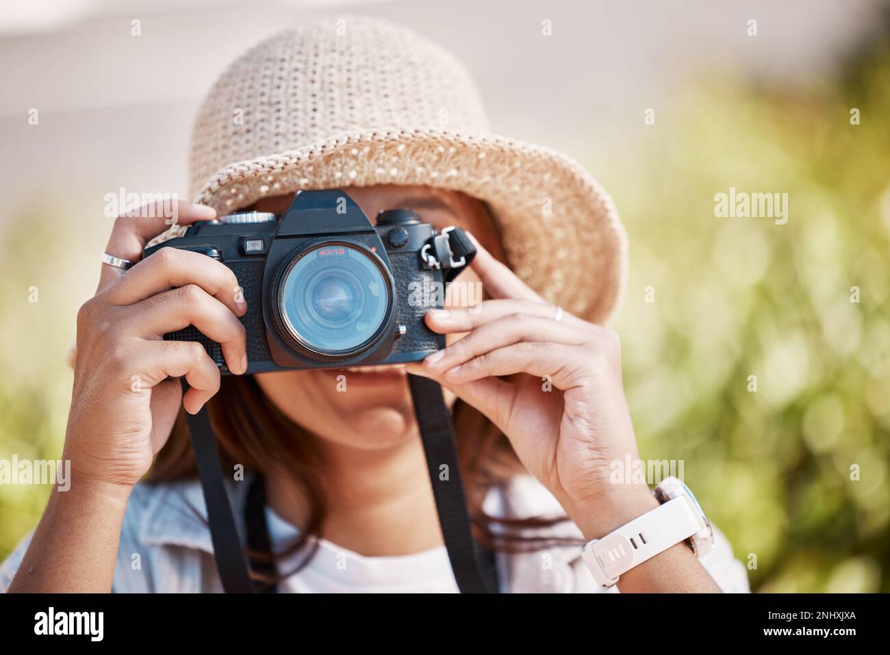 Woman, hands and camera lens in photography for nature travel ...