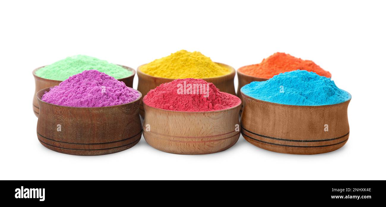 Colorful powder dyes in bowls on white background. Holi festival Stock ...