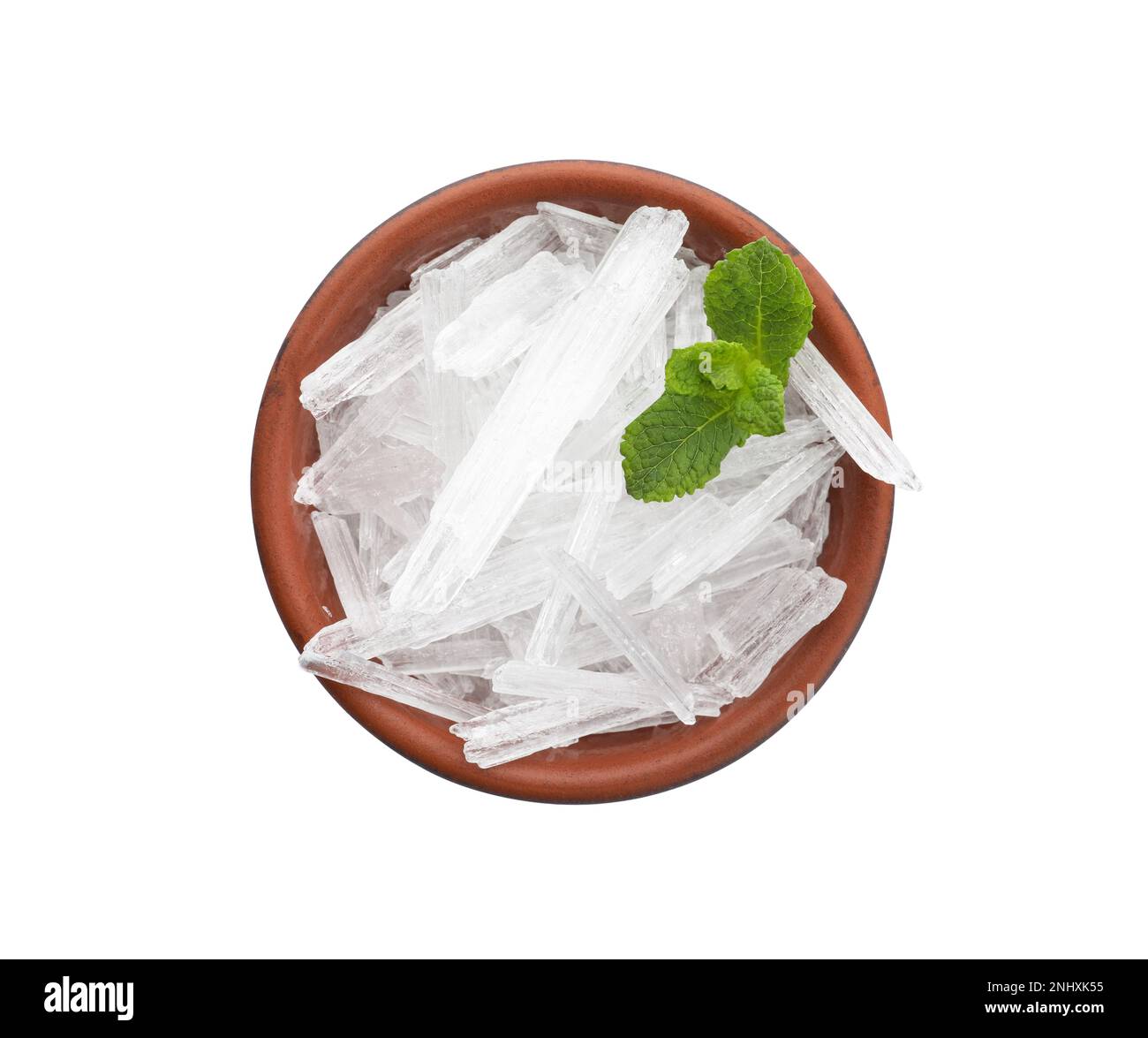 Menthol crystals and mint leaves on white background, top view Stock ...