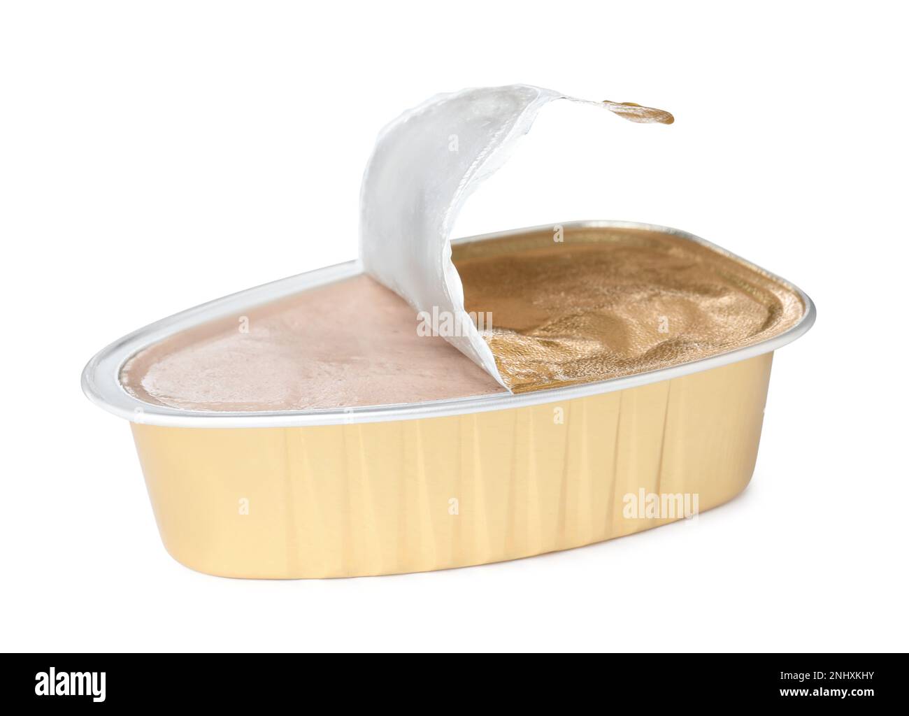 Open package of wet pet food isolated on white Stock Photo - Alamy