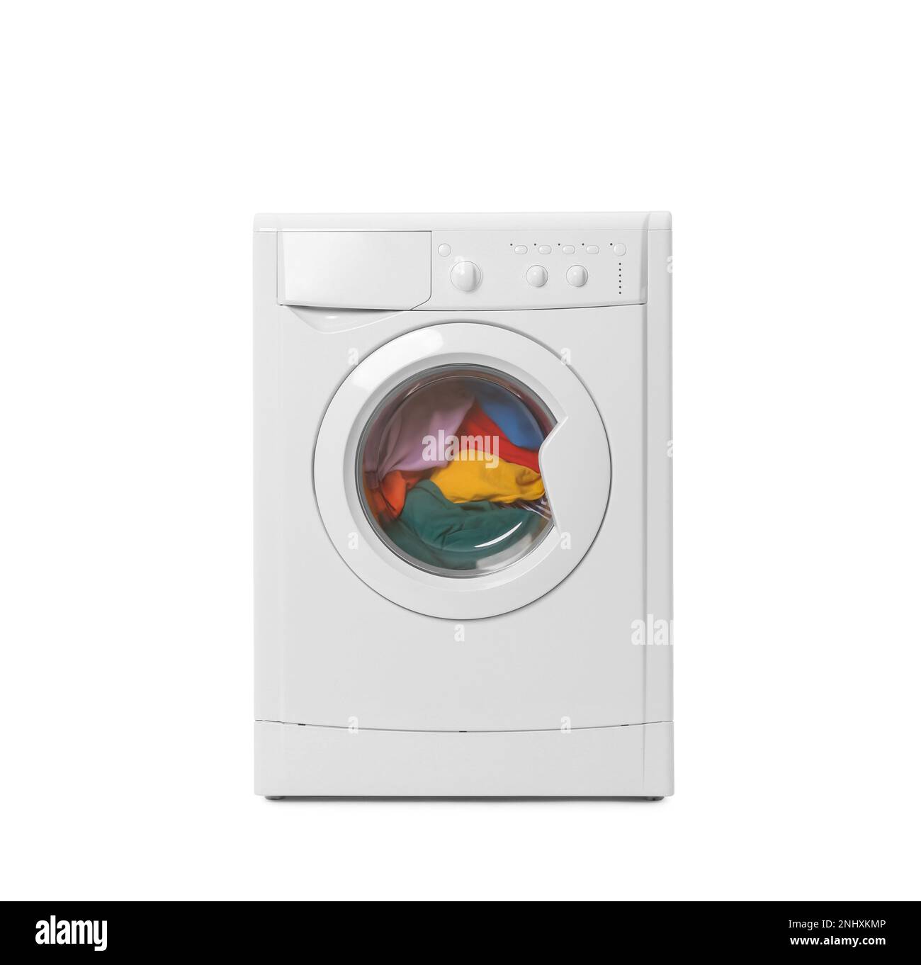 Modern washing machine with clothes isolated on white Stock Photo - Alamy
