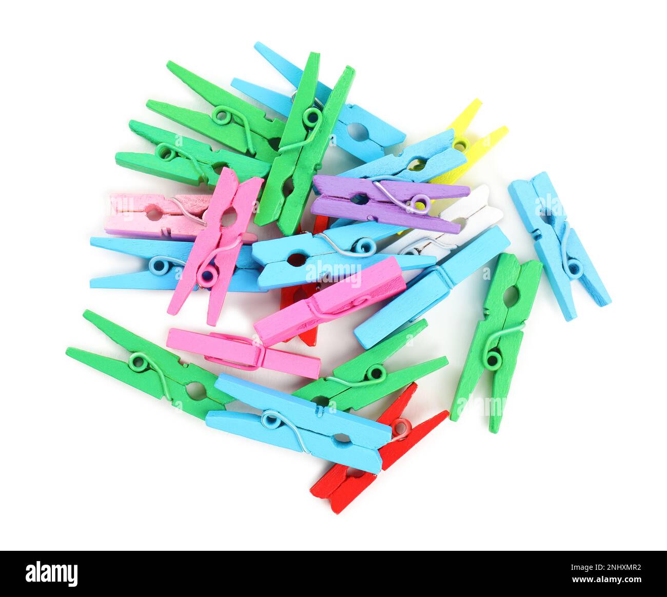 Pile of colorful wooden clothespins on white background, top view Stock ...