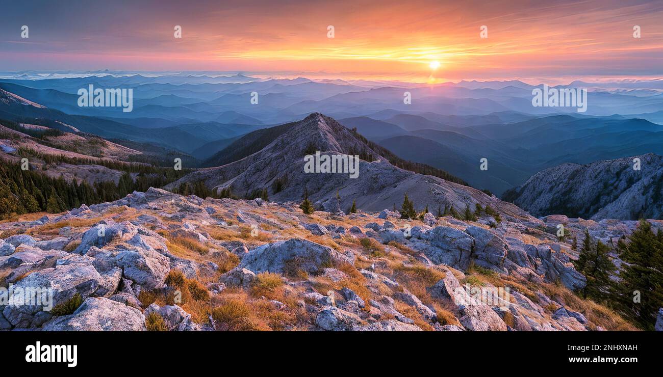 panoramic image captures breathtaking mountain landscape at sunset ...