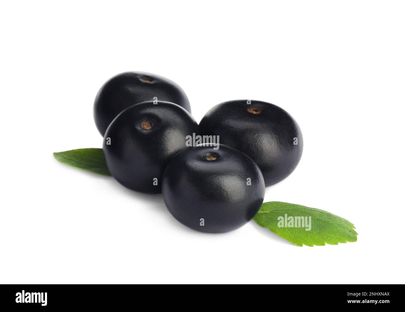 Pile of fresh ripe acai berries and green leaves on white background ...