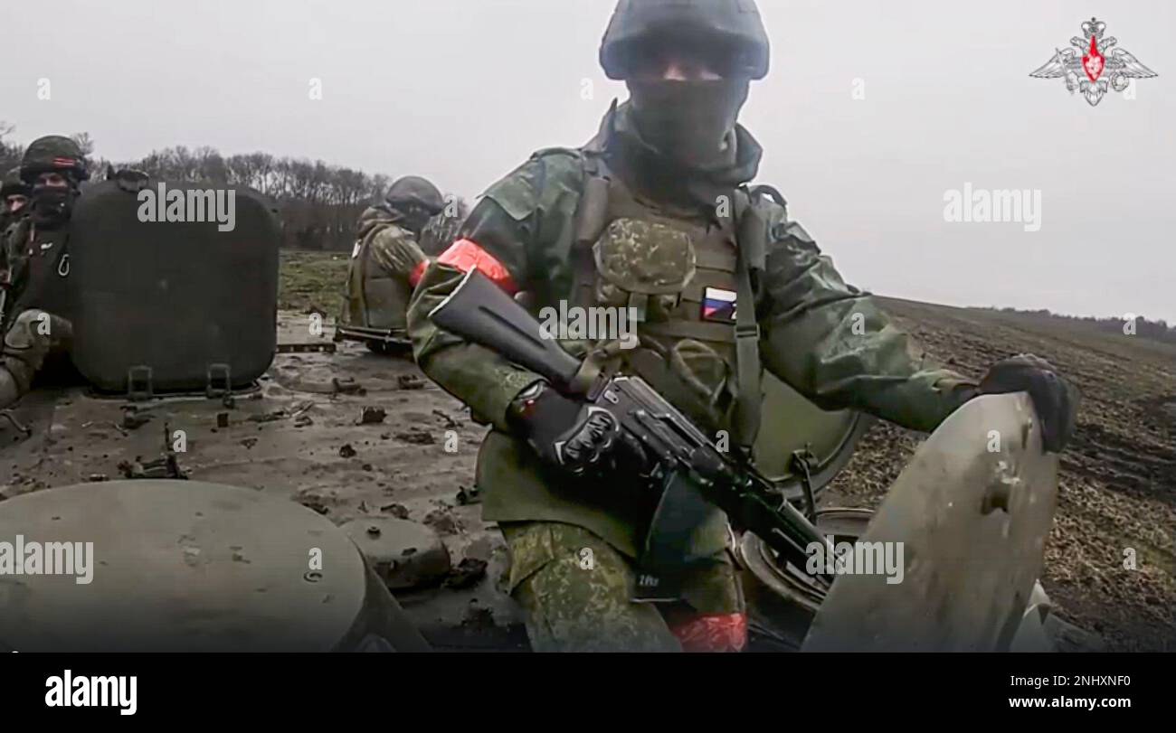 This handout photo taken from video released by Russian Defense ...