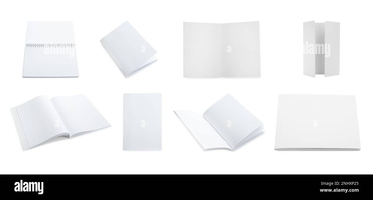 Set with blank paper brochures on white background. Mockup for design ...