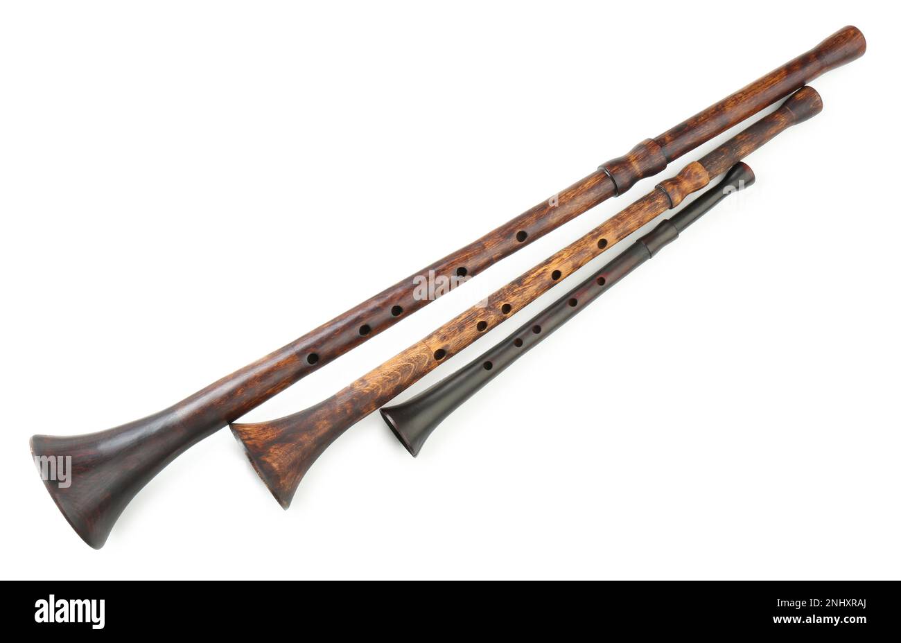 Vintage bryolkas on white background, top view. Woodwind musical ...