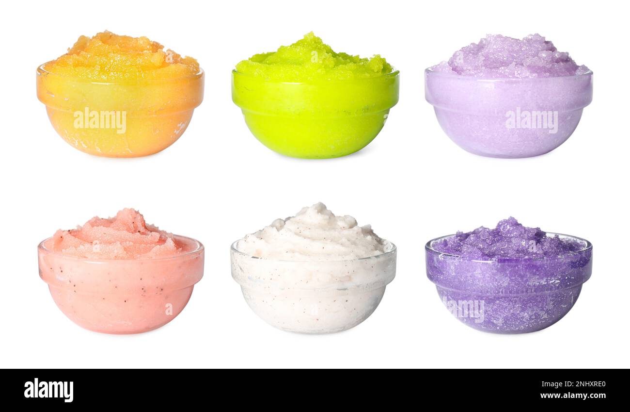 Set with different body scrubs in bowls on white background Stock Photo ...