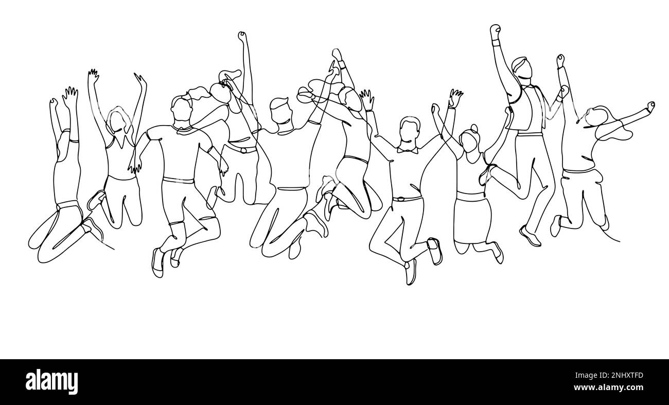 Single line drawing of jumping people, men and women Stock Vector Image ...