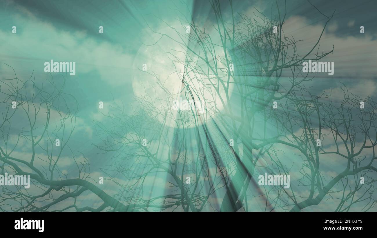 Tree and full moon background 3d render illustration Stock Photo - Alamy