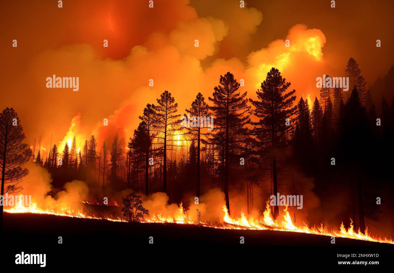 Intense flames from a massive forest fire. Flames light up the night as ...