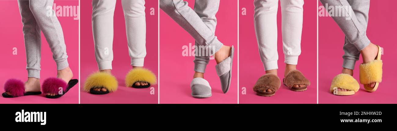 Collage with photos of women wearing stylish slippers on pink ...