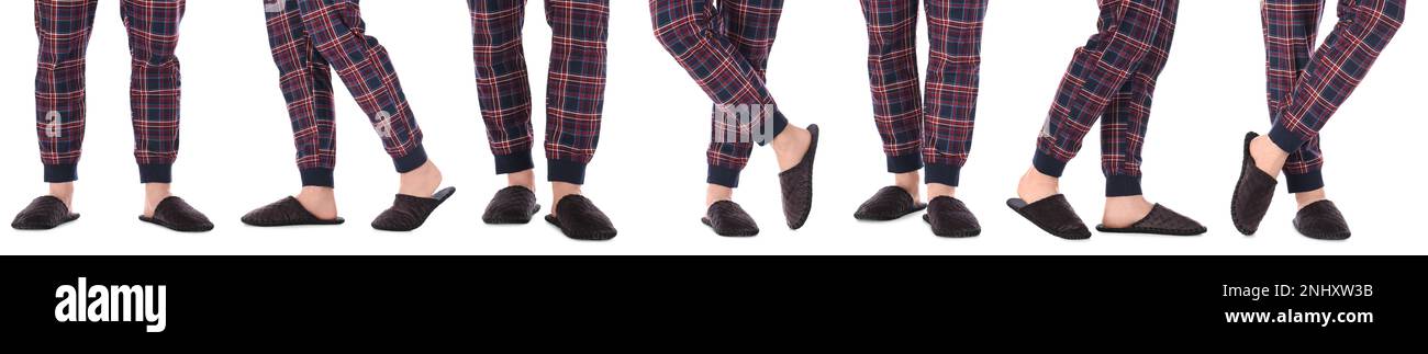 Collage with photos of men wearing stylish slippers on white background ...