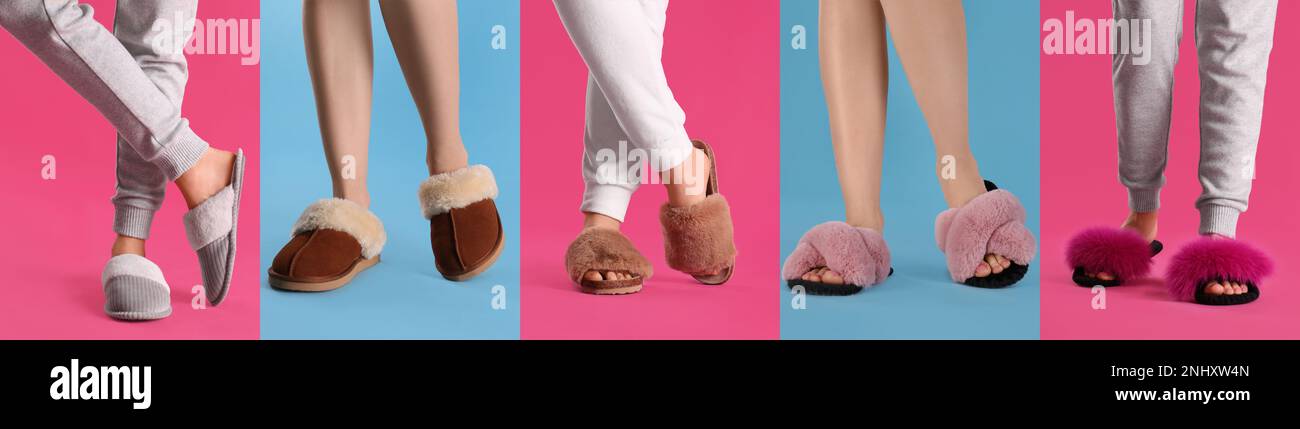 Collage with photos of women wearing stylish slippers on different ...